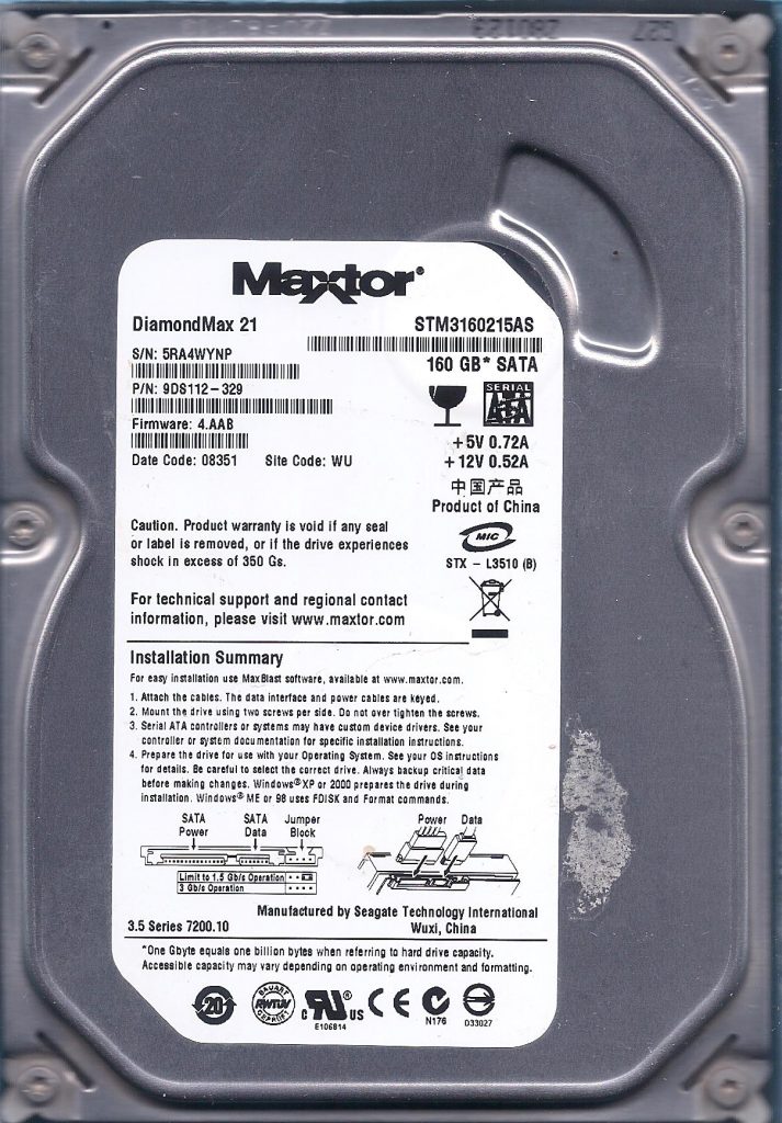 Maxtor STM3160215AS 160GB 9DS112-329 5RA4WYNP Donor Hard Drive for Data ...